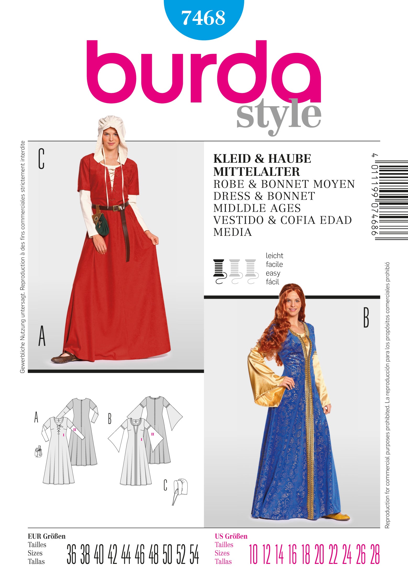 Burda Schnittmuster 7468 Mittelalterliches Kleid mit Haube ...