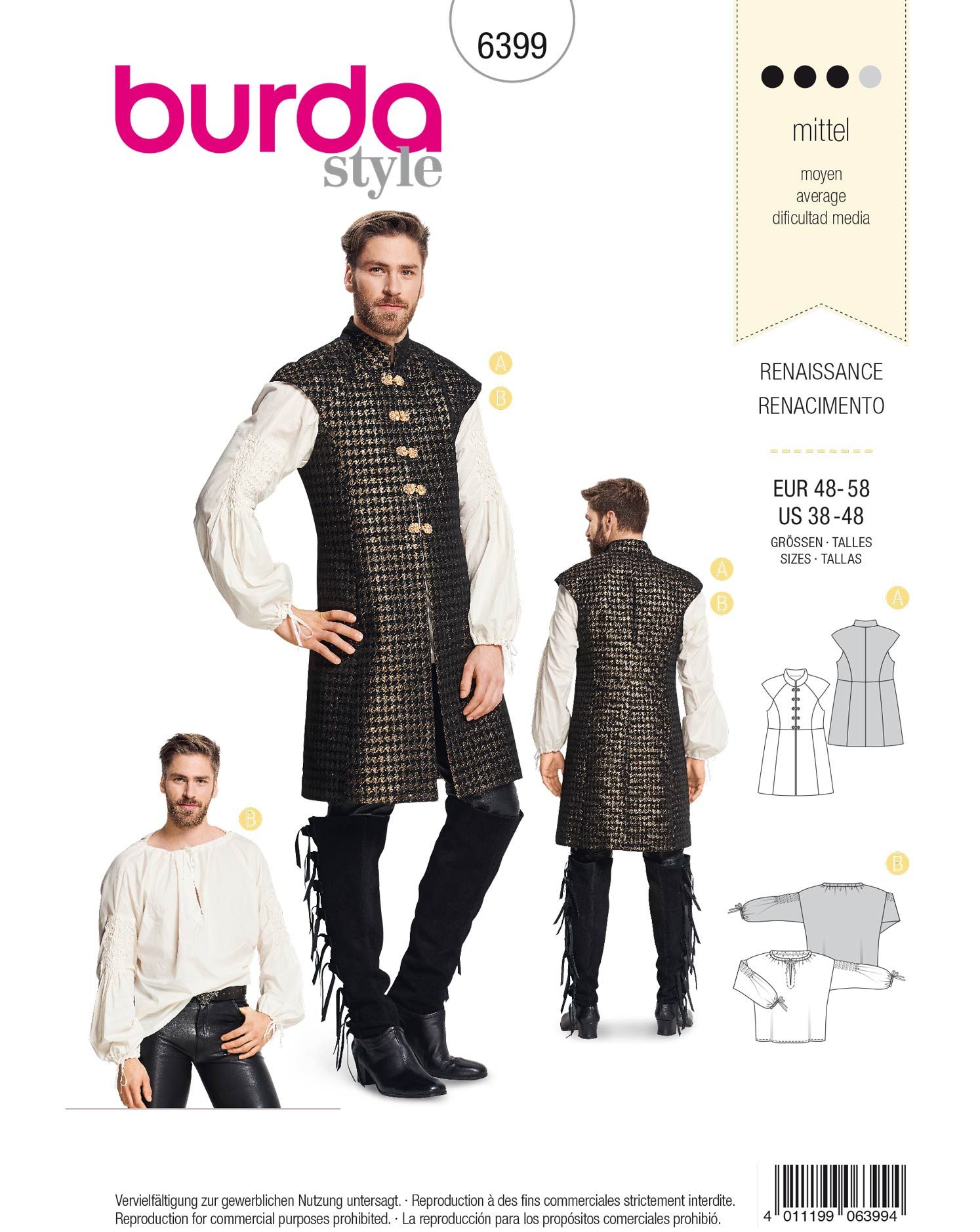 Burda Schnittmuster 6399 Renaissance-Weste und Hemd für Herren ...